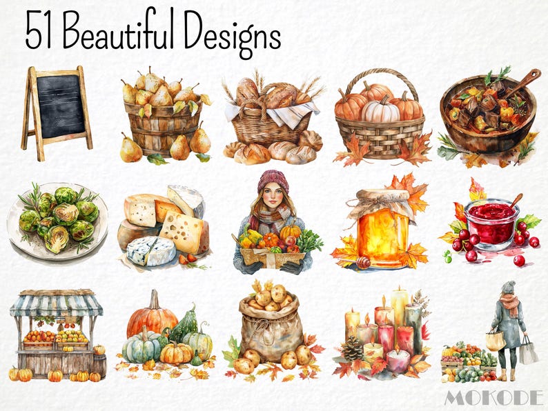 Watercolor Autumn Market Clipart, 51 PNG, Fall Food Truck (digital ...