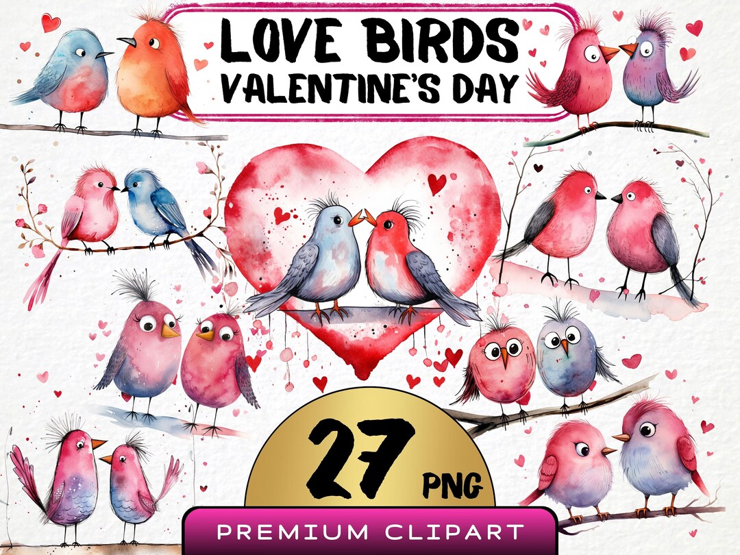 Valentine's Cute Birds Clipart Bundle, 27 PNG, Valentine's Day Love ...