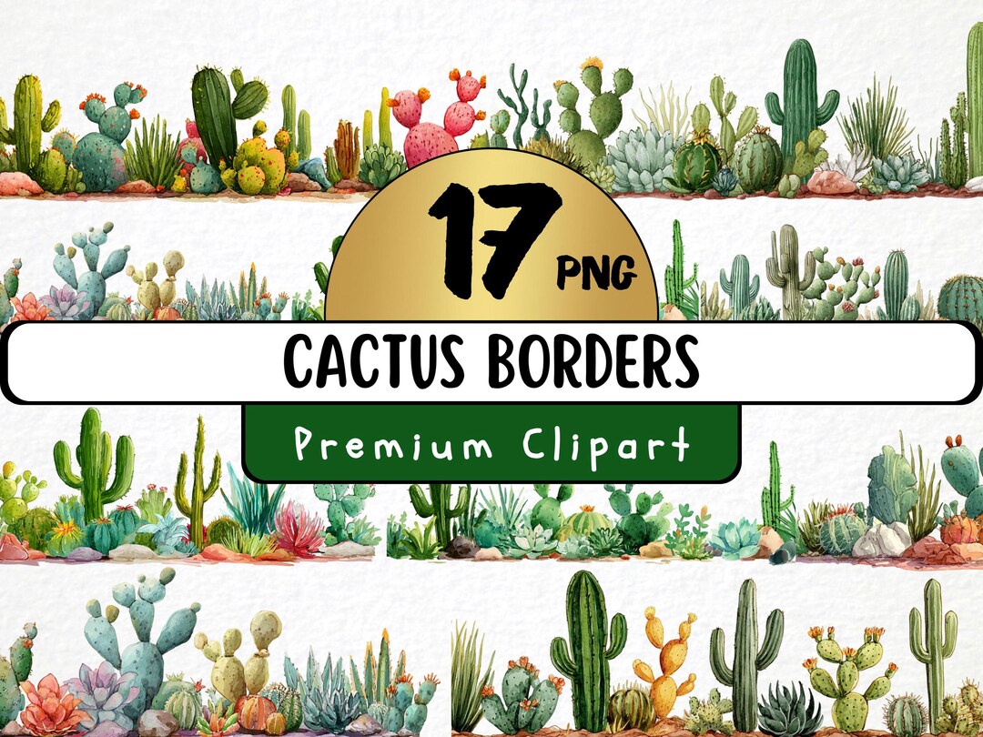 Watercolor Cactus Borders Clipart, Desert Plants PNG Bundle (digital ...