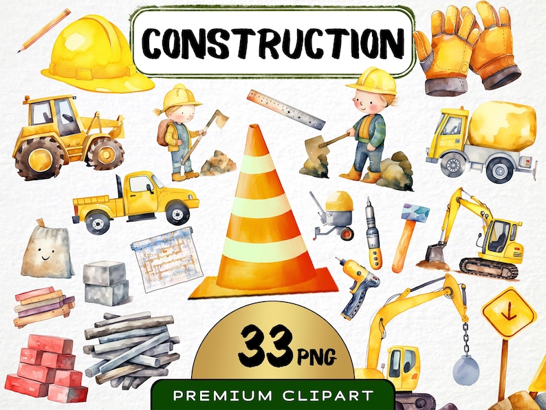 Watercolor Construction Clipart, 33 Png, Construction Vehicle Instant ...