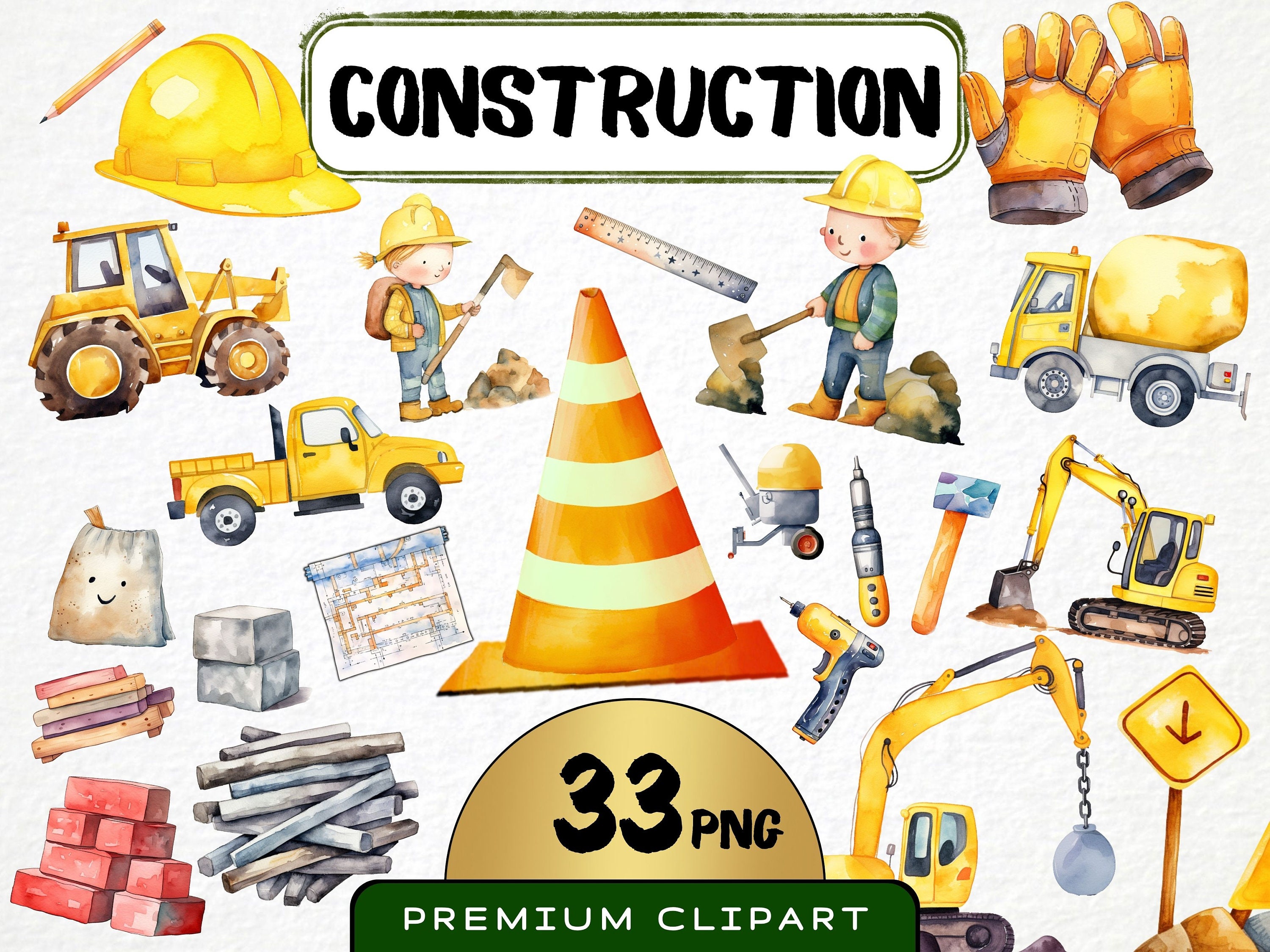 Watercolor Construction Clipart, 33 Png, Construction Vehicle Instant ...