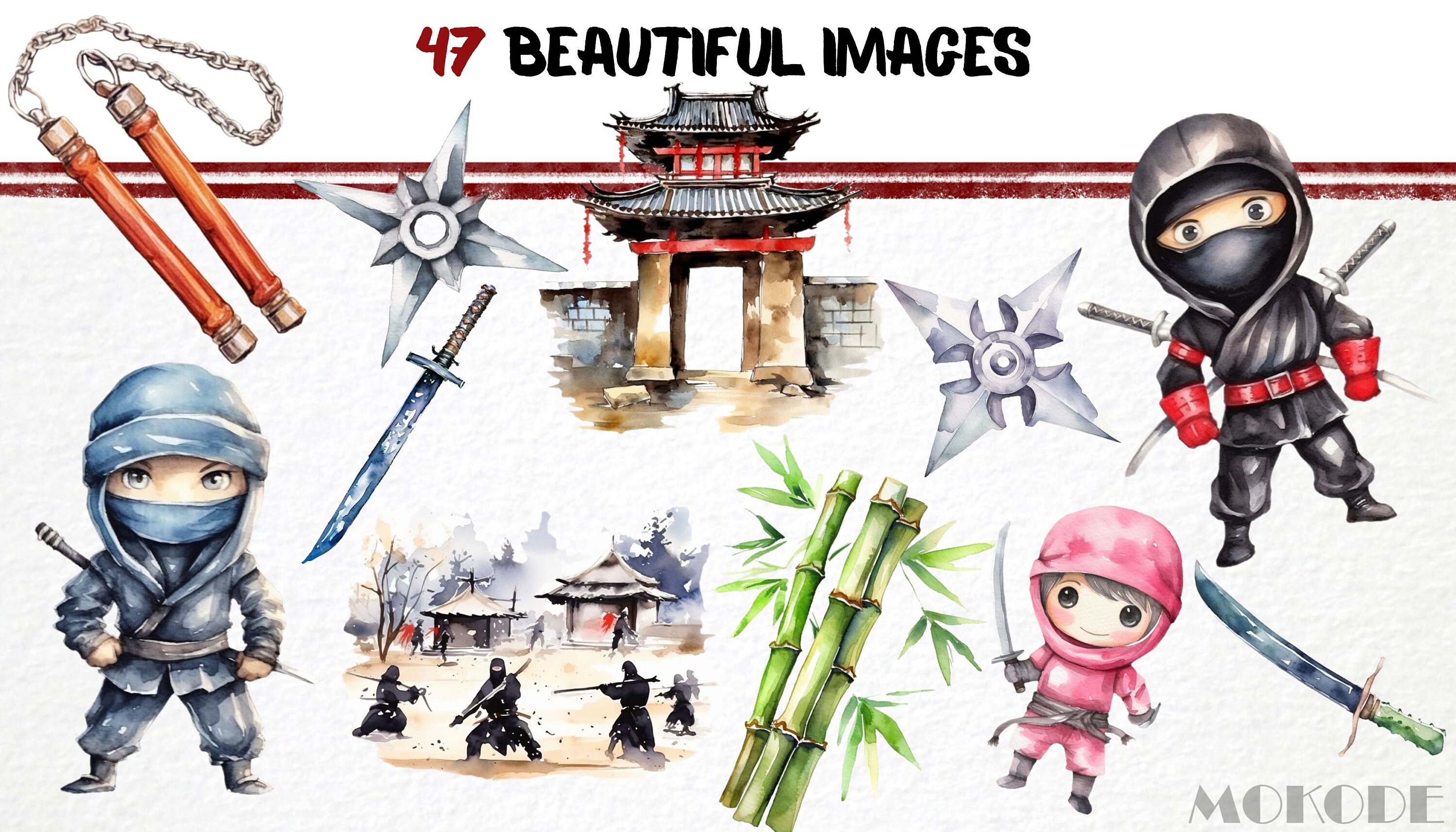 Cute Ninja Watercolor Clipart, 47 Ancient Japanese Warrior Ninja ...