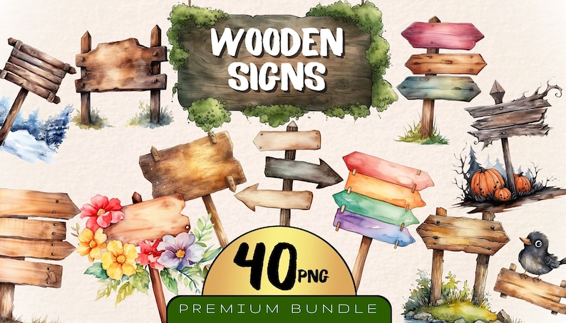 Wooden Sign Watercolor Clipart Wood Sign Illustration, Set of 40 ...