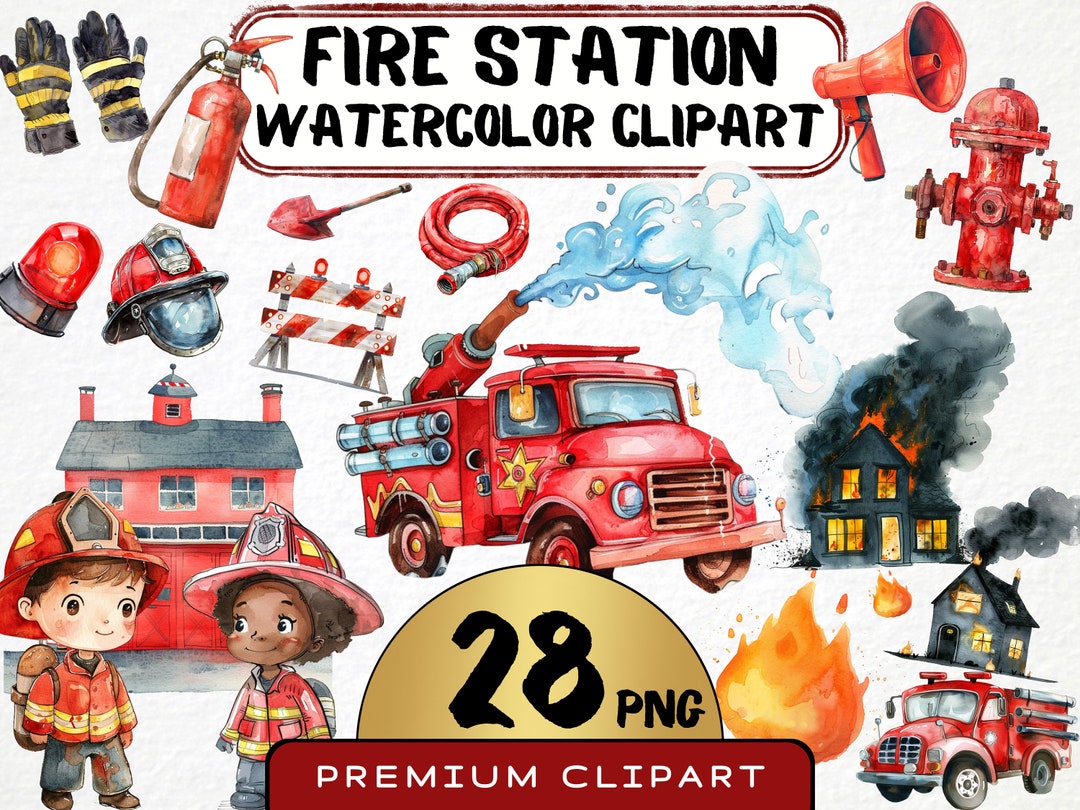 Watercolor Fire Station Clipart, 28 Png, Cute Firefighter Clipart, Fire ...