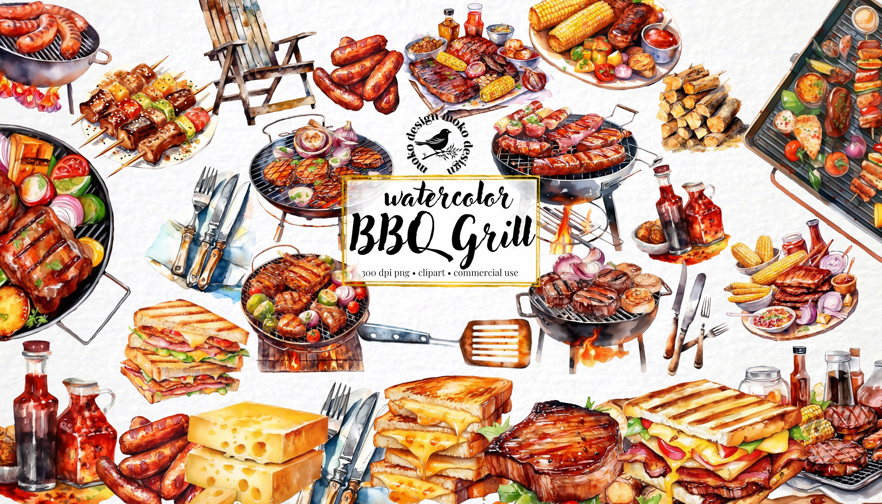 Watercolor Barbecue Clipart Set of 30, Bundle BBQ Png, Grill Food ...