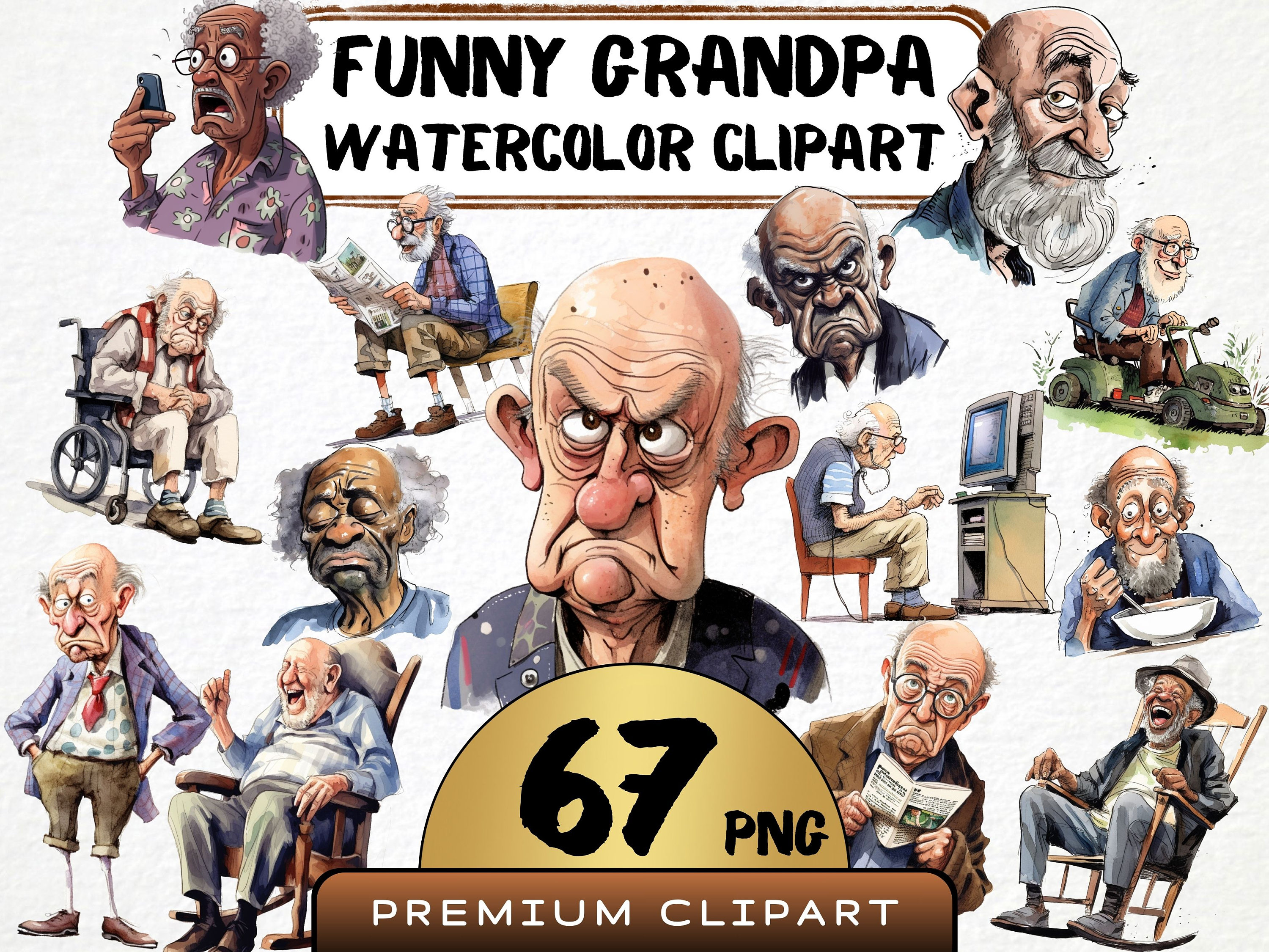 Funny Grandpa Clipart 67 Png, Caricature Old Man, Watercolor Elderly ...