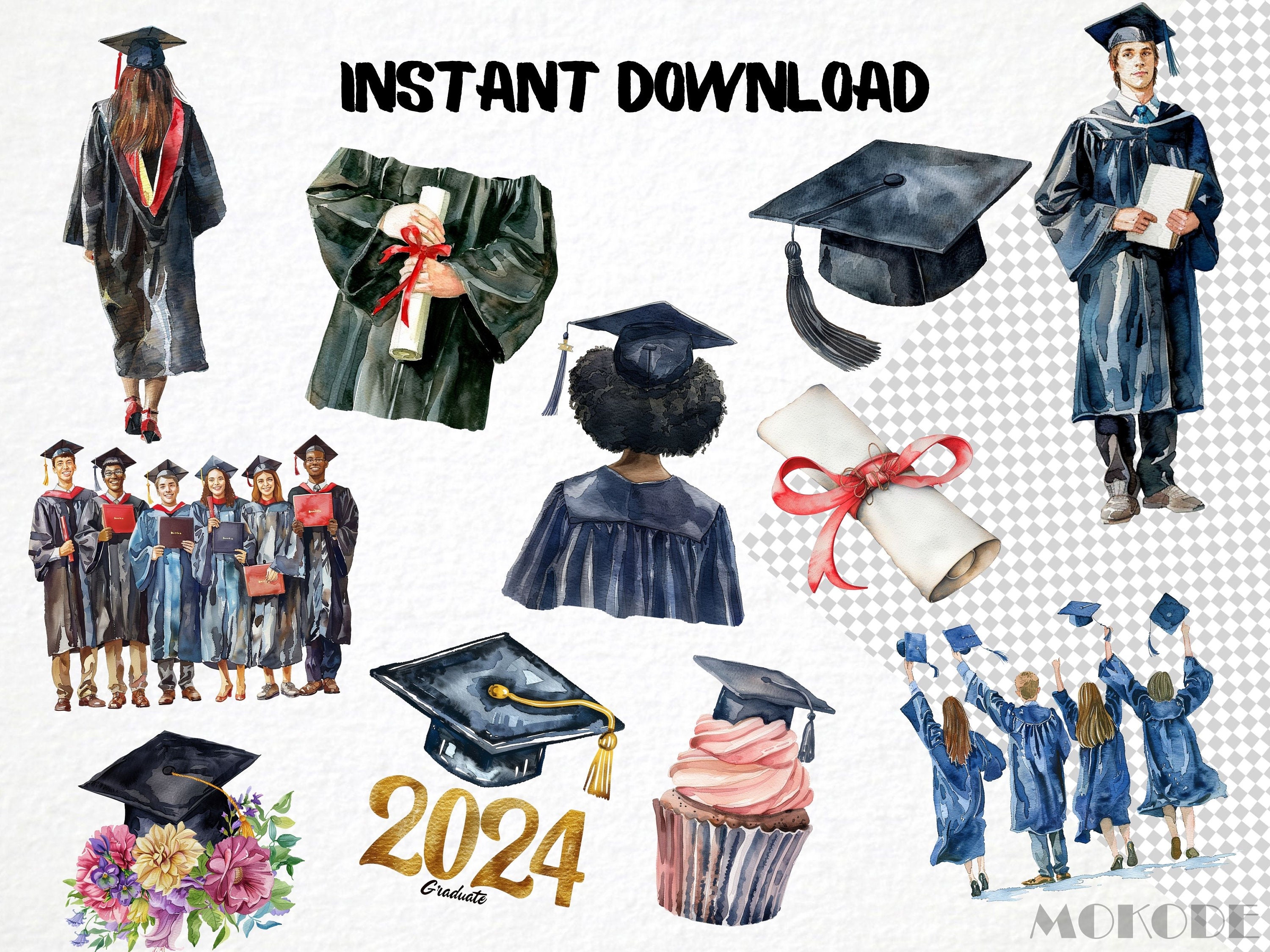Watercolor Graduation Clipart Bundle, Ceremony Graphics (digital ...