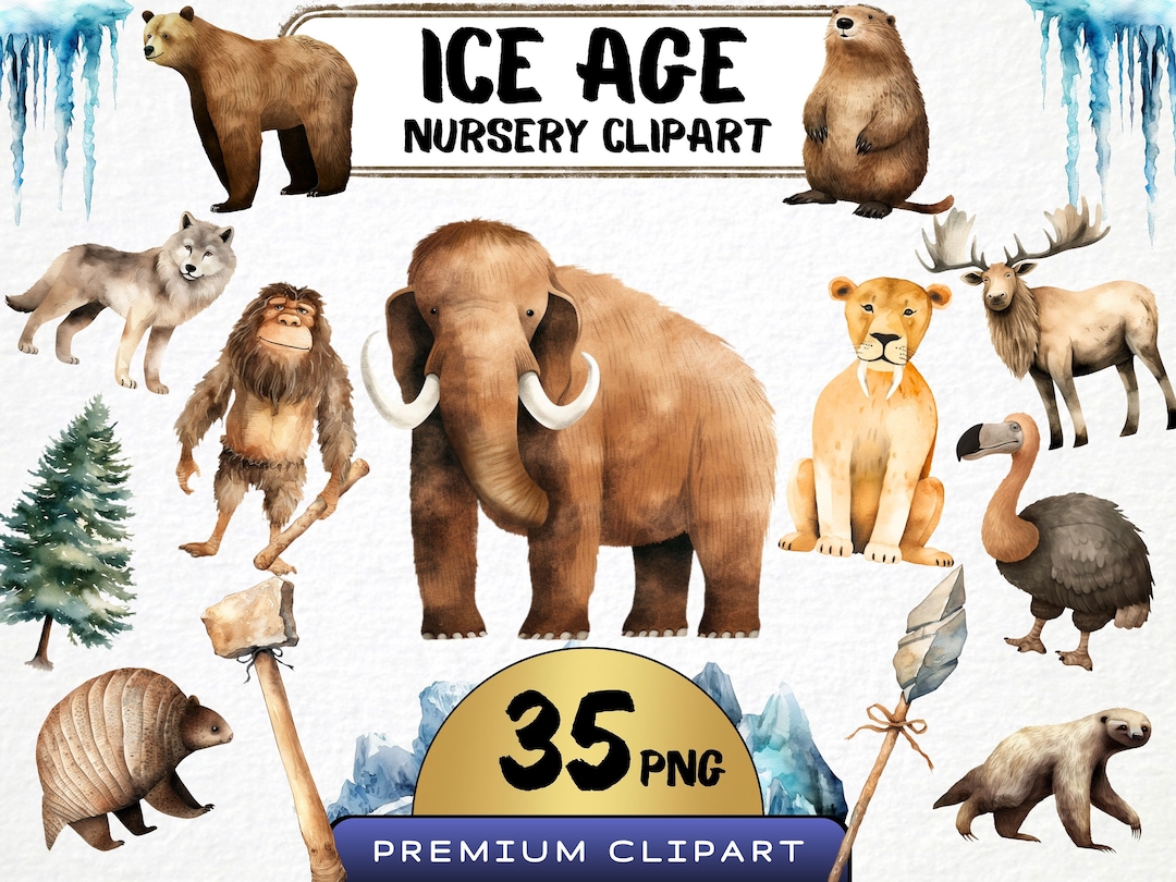 Watercolor Ice Age Animals Clipart, Set of 35, Snow Animal Nursery ...