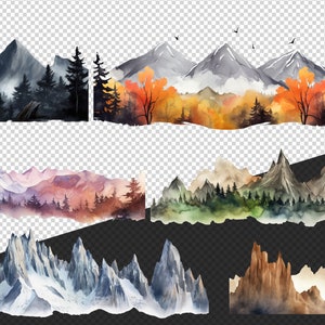 Watercolor Mountain Borders - 65 Clipart Bundle, DIY Nature Graphics ...