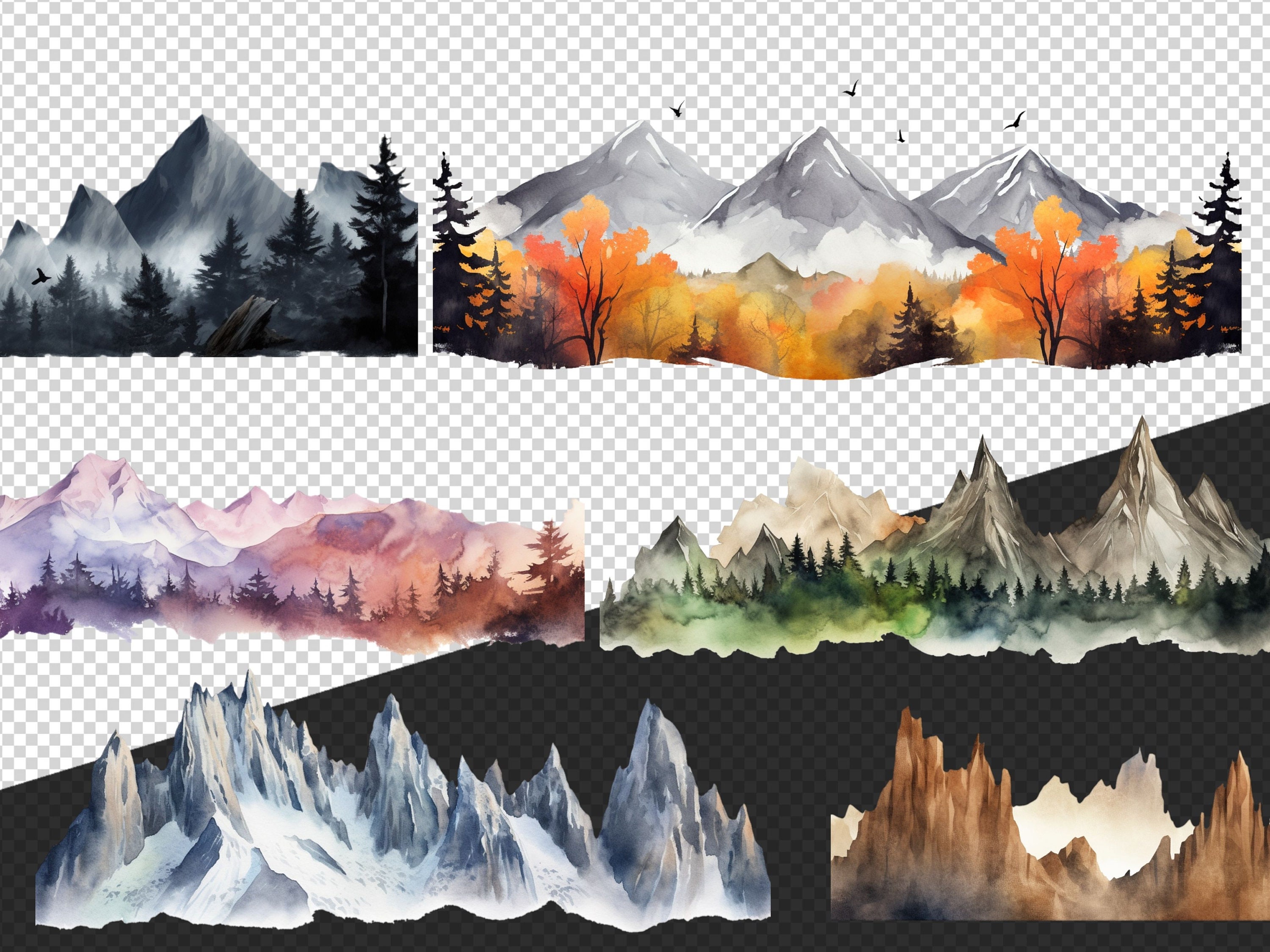 Watercolor Mountain Borders - 65 Clipart Bundle, DIY Nature Graphics ...