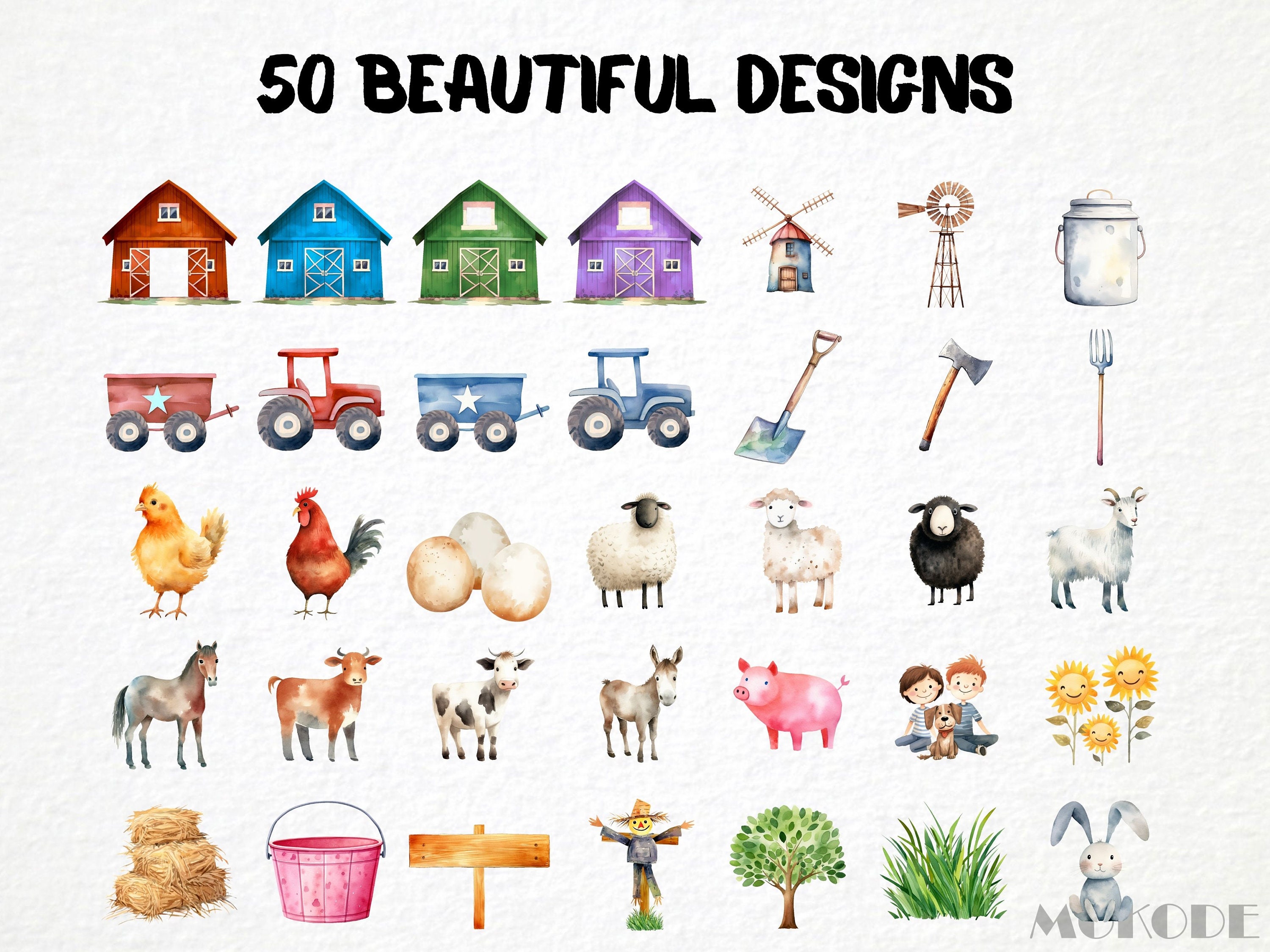 Cute Farm Clipart 50 Png Watercolor Farm Animals Nursery - Etsy