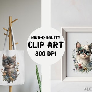 Cute Kittens in Glasses Clip Art Funny Cats Design Bundle, Watercolor ...