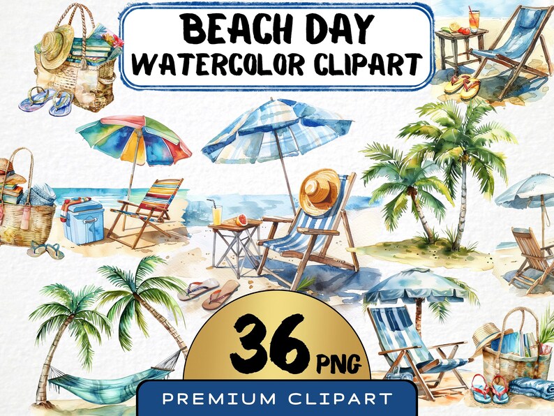 Watercolor Beach Clipart, Summer Vacation, Palm Trees (PNG Digital ...