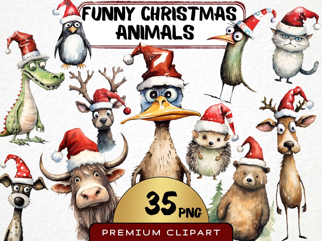 Funny Christmas Animals Clipart 35 Png, Festive Caricature Pets, Red ...