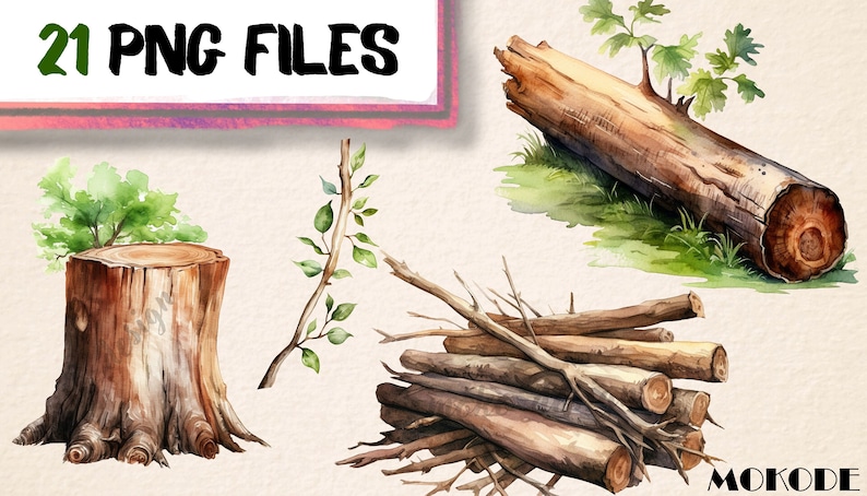 Watercolor Twigs & Logs Clipart Bundle, Set of 21, Wood Borders, Stick ...