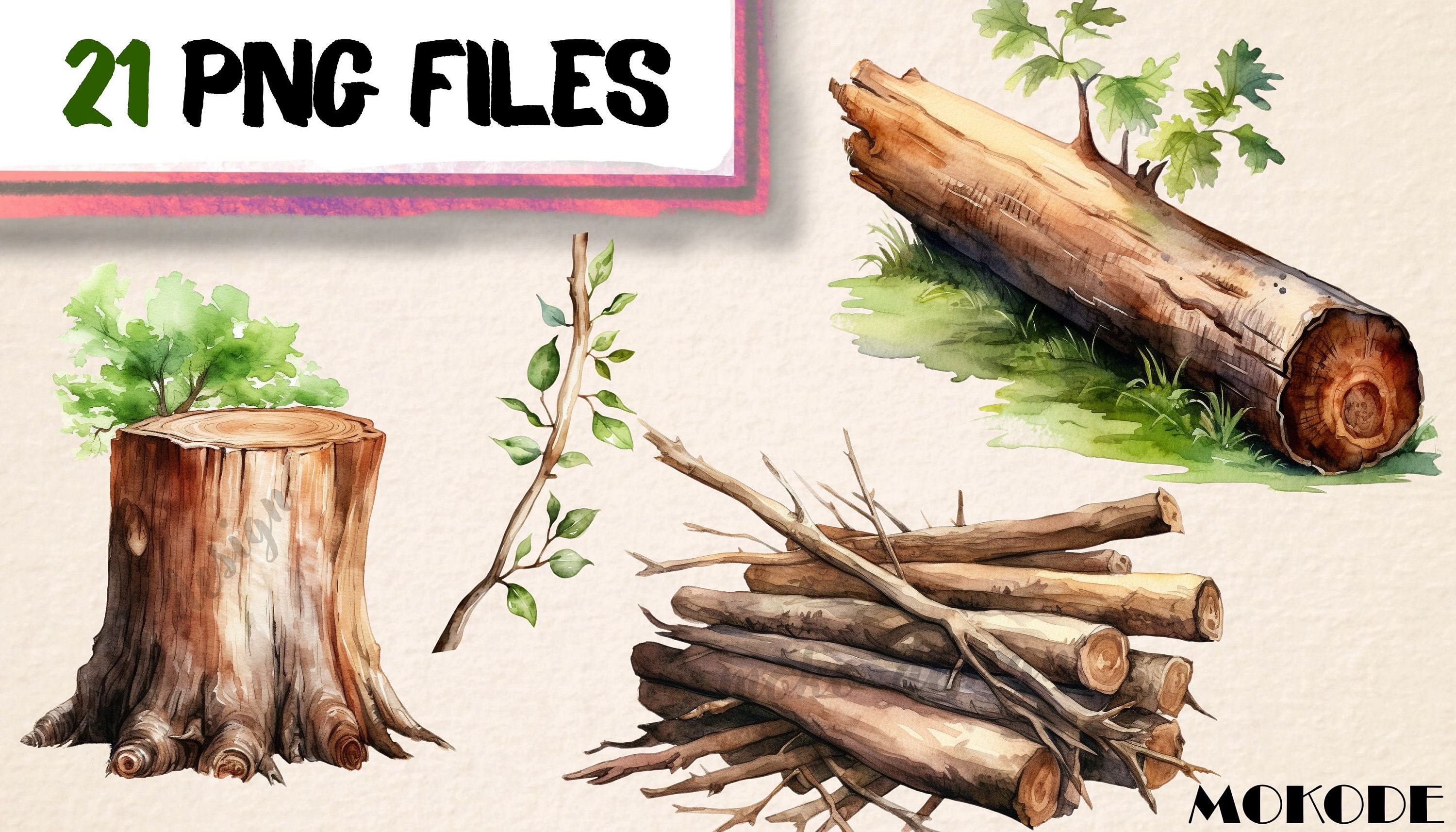 Watercolor Twigs & Logs Clipart Bundle, Set of 21, Wood Borders, Stick ...