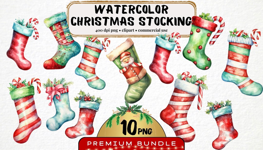 Watercolor Christmas Stockings Clipart, Set of 10, High Quality ...