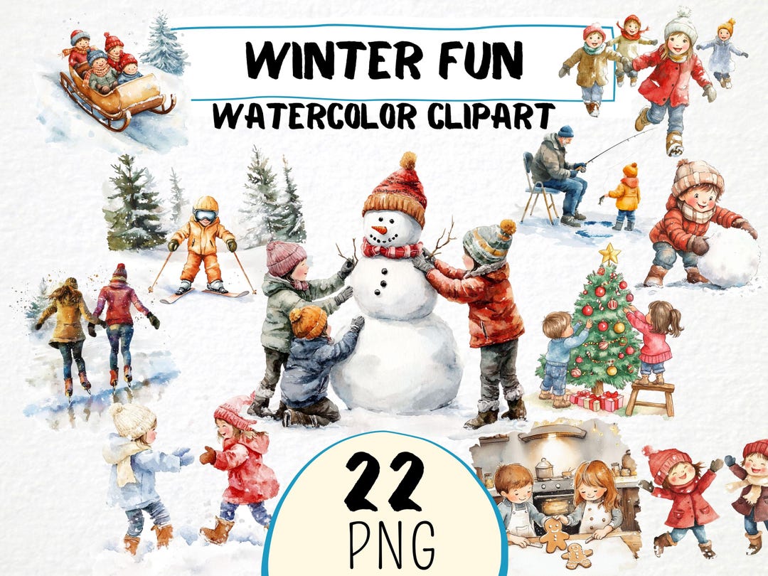 Watercolor Winter Fun Clipart 22 Png, Kids Playing in Snow, Christmas ...
