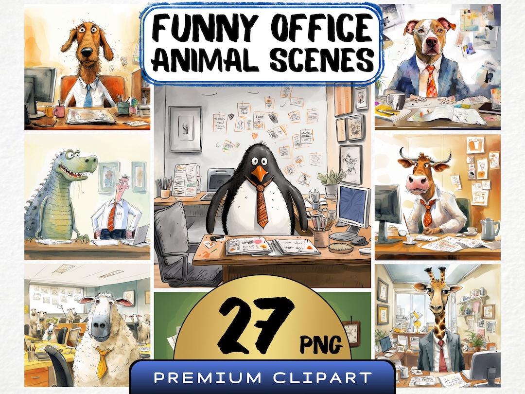 Funny Office Animal Scenes Clipart 27 Png, Cute Caricature Business Art ...
