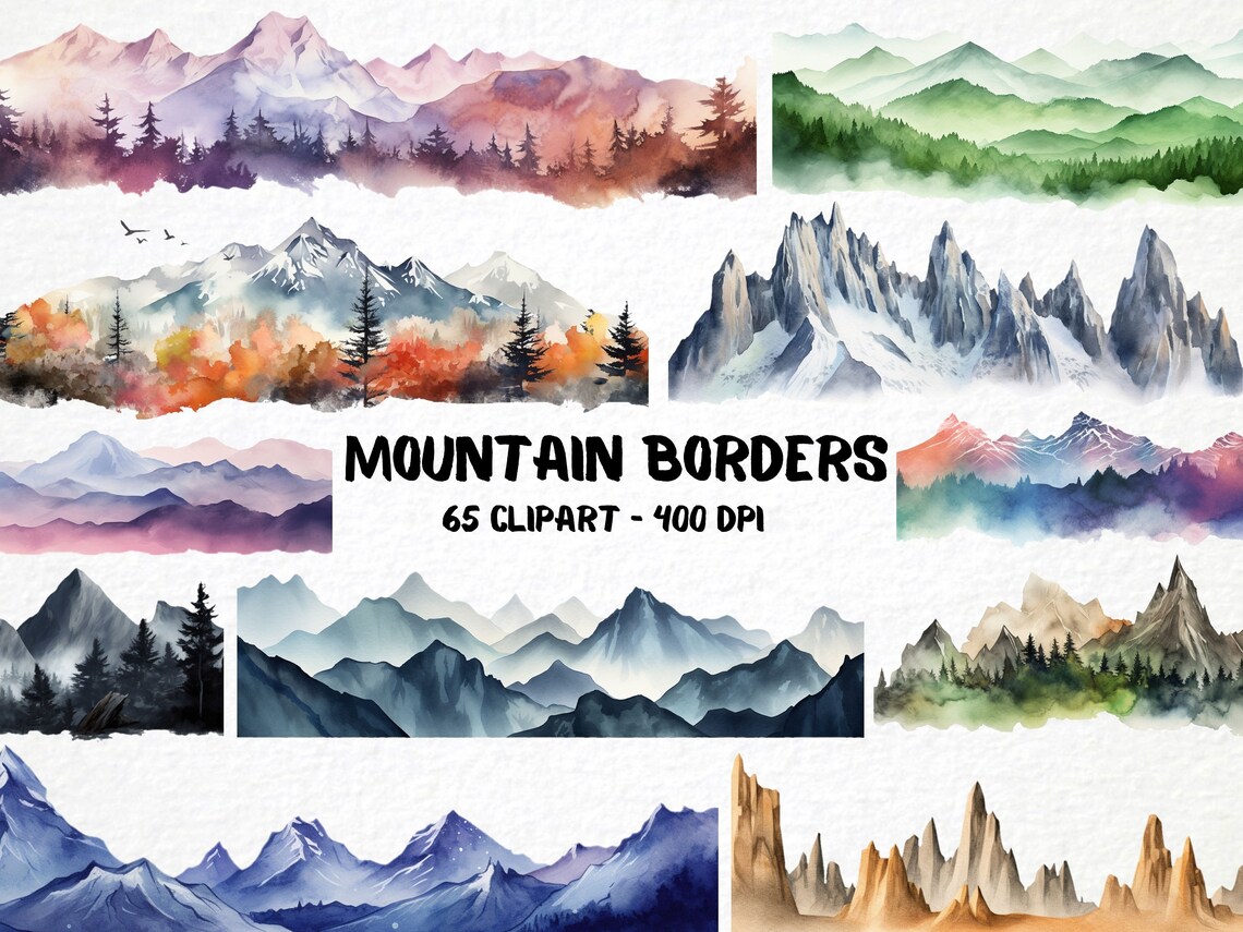 Watercolor Mountain Borders Clipart – 65 Nature Graphics (digital ...