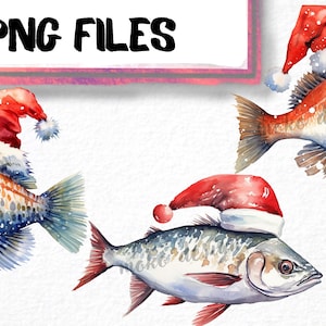 Christmas Funny Fish Clipart, Set of 8, Watercolor Festive Animals ...