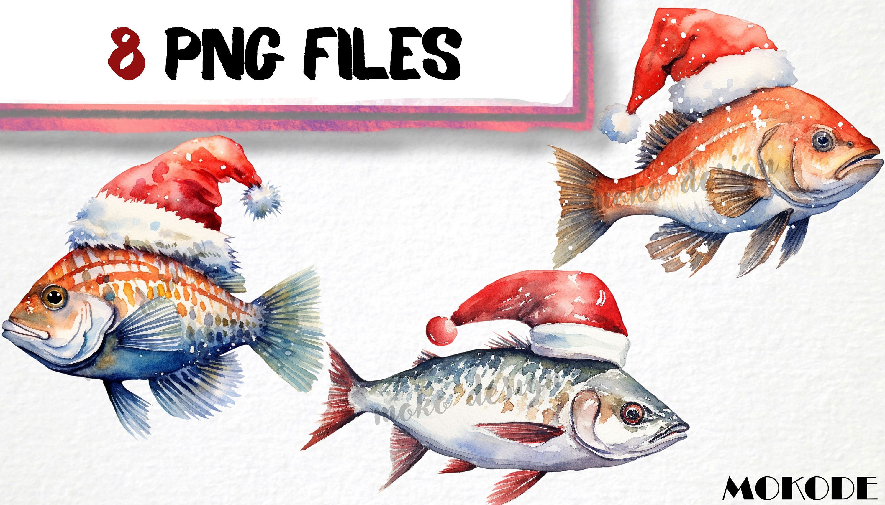 Christmas Funny Fish Clipart, Set of 8, Watercolor Festive Animals ...