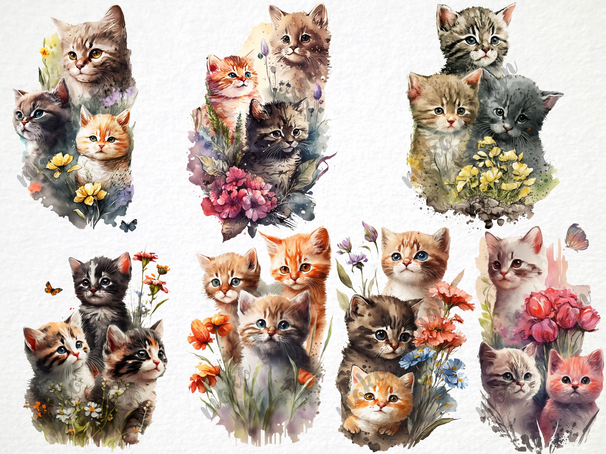Cute Kittens Clip Art Funny Cats Design Bundle, Watercolor Cute Kitty ...