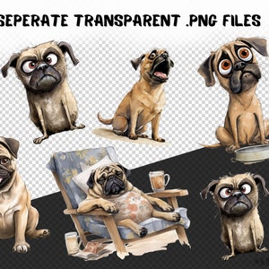 Funny Pug Dog Clipart 23 Png, Cute Caricature Pets, Puppies Watercolor ...