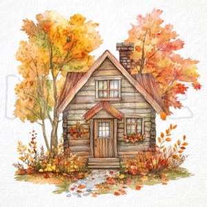 Watercolor Autumn House Clipart, Fall Woodland Scene (20 PNG) - Etsy