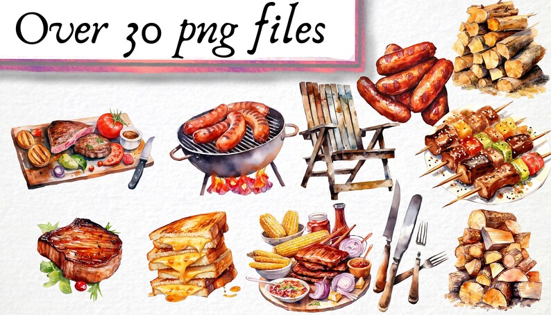 Watercolor Barbecue Clipart Set of 30, Bundle BBQ Png, Grill Food ...