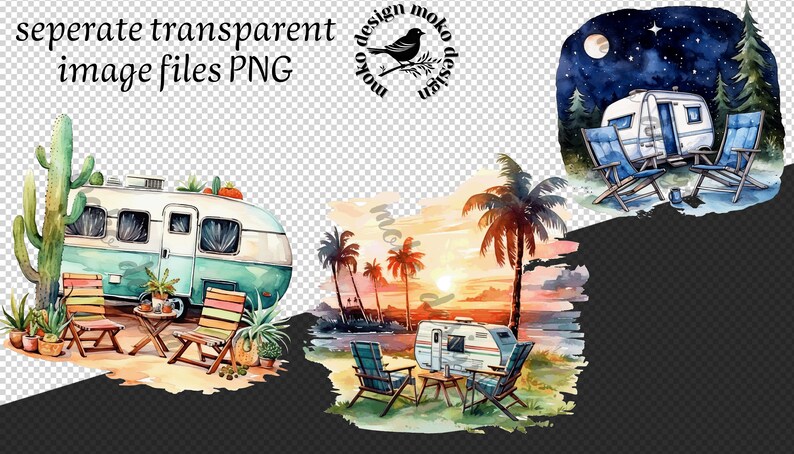 Watercolor Van Life Clipart Set, Caravan Camping Illustrations (PNG ...