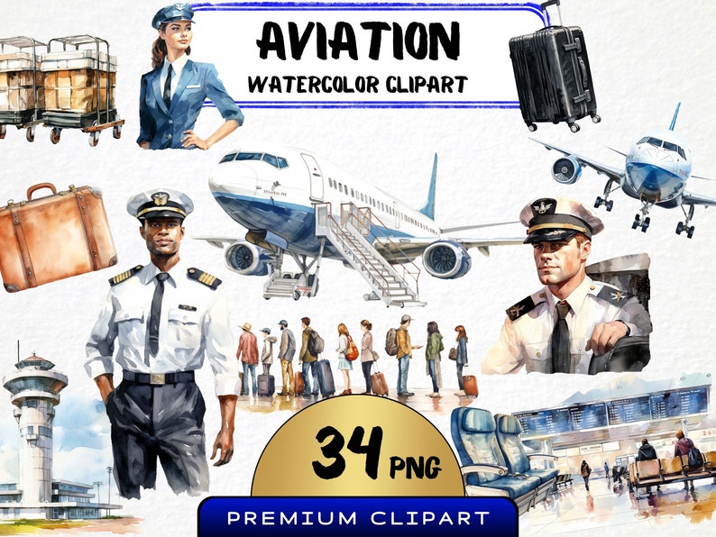 Watercolor Aviation Clipart 34 Png Commercial Airplane Png - Etsy