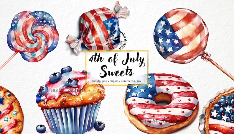 4th of July Watercolor Patriotic Sweets Transparent Clip Art - Etsy
