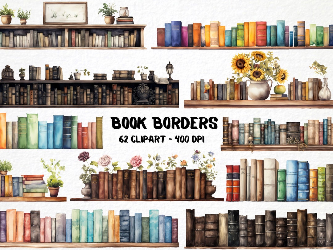 Watercolor Book Borders - 62 Clipart Bundle, DIY Library Graphics ...