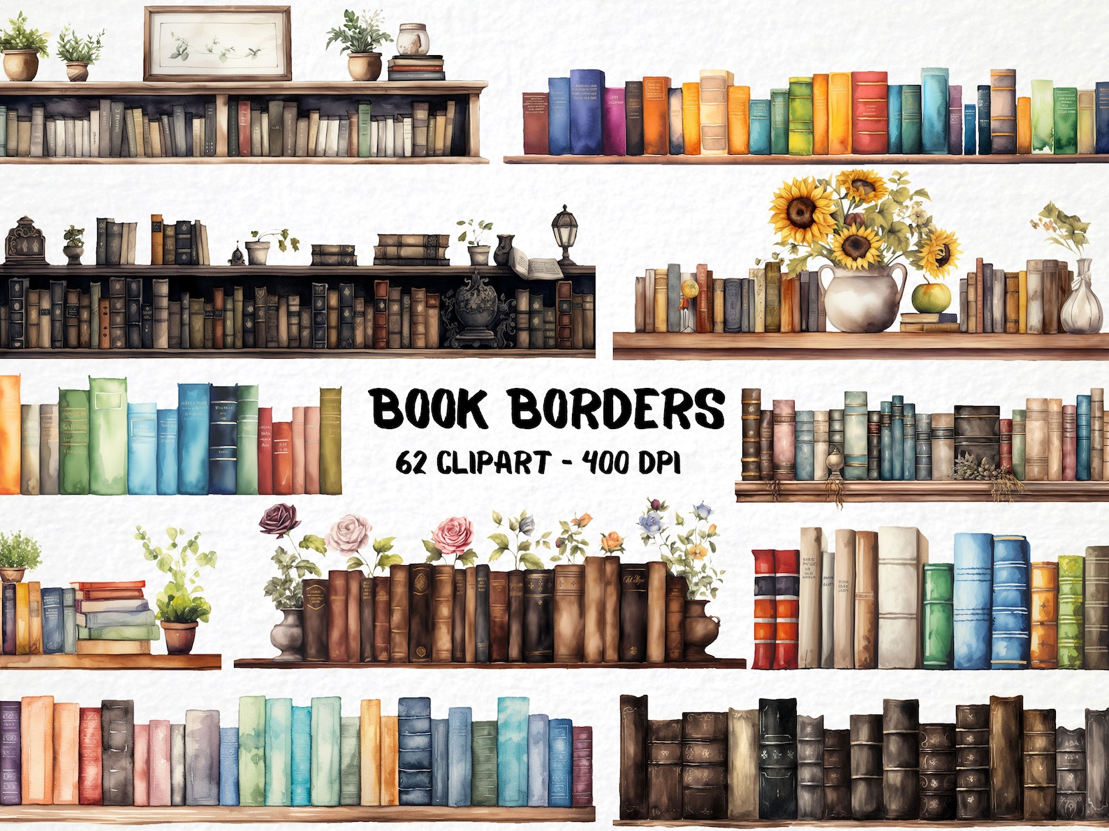 Watercolor Book Borders 62 Clipart Bundle, DIY Library Graphics ...