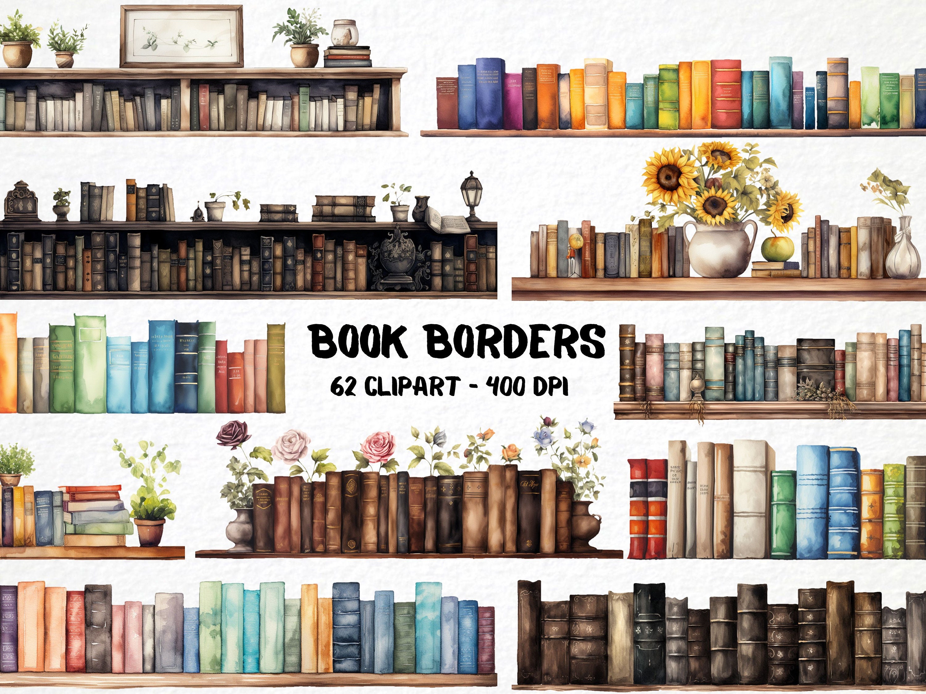 Watercolor Book Border Clipart – Library Bookshelf Graphics (62 PNG) - Etsy