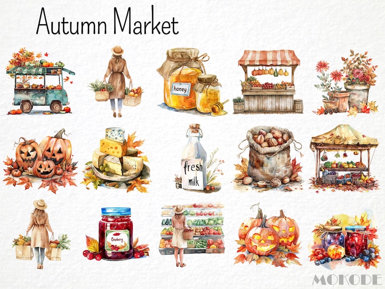 Watercolor Autumn Market Clipart, 51 PNG, Fall Food Truck (digital ...