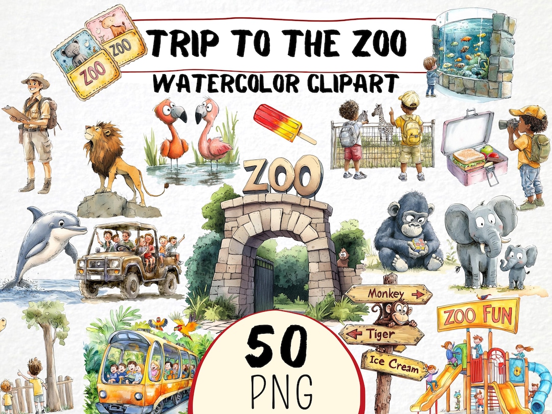 Watercolor Trip to the Zoo Clipart 50 Png, Cartoon School Kids at Zoo ...