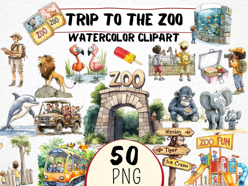 Watercolor Zoo Animals Clipart, School Trip Illustration (digital ...