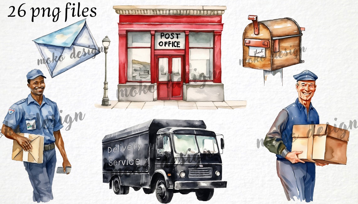 26 Watercolor Post Office Clipart, Mail Carrier Clipart, Envelope ...