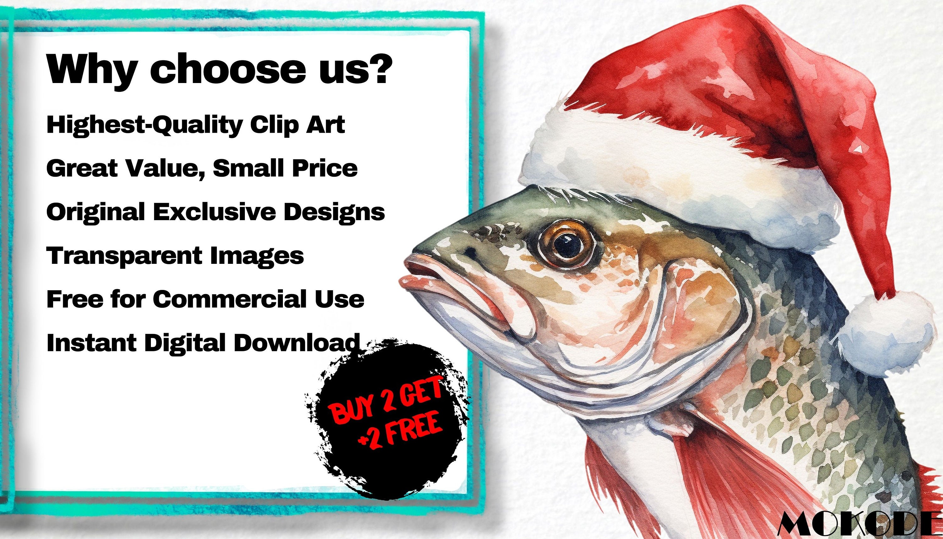 Christmas Funny Fish Clipart, Set of 8, Watercolor Festive Animals ...