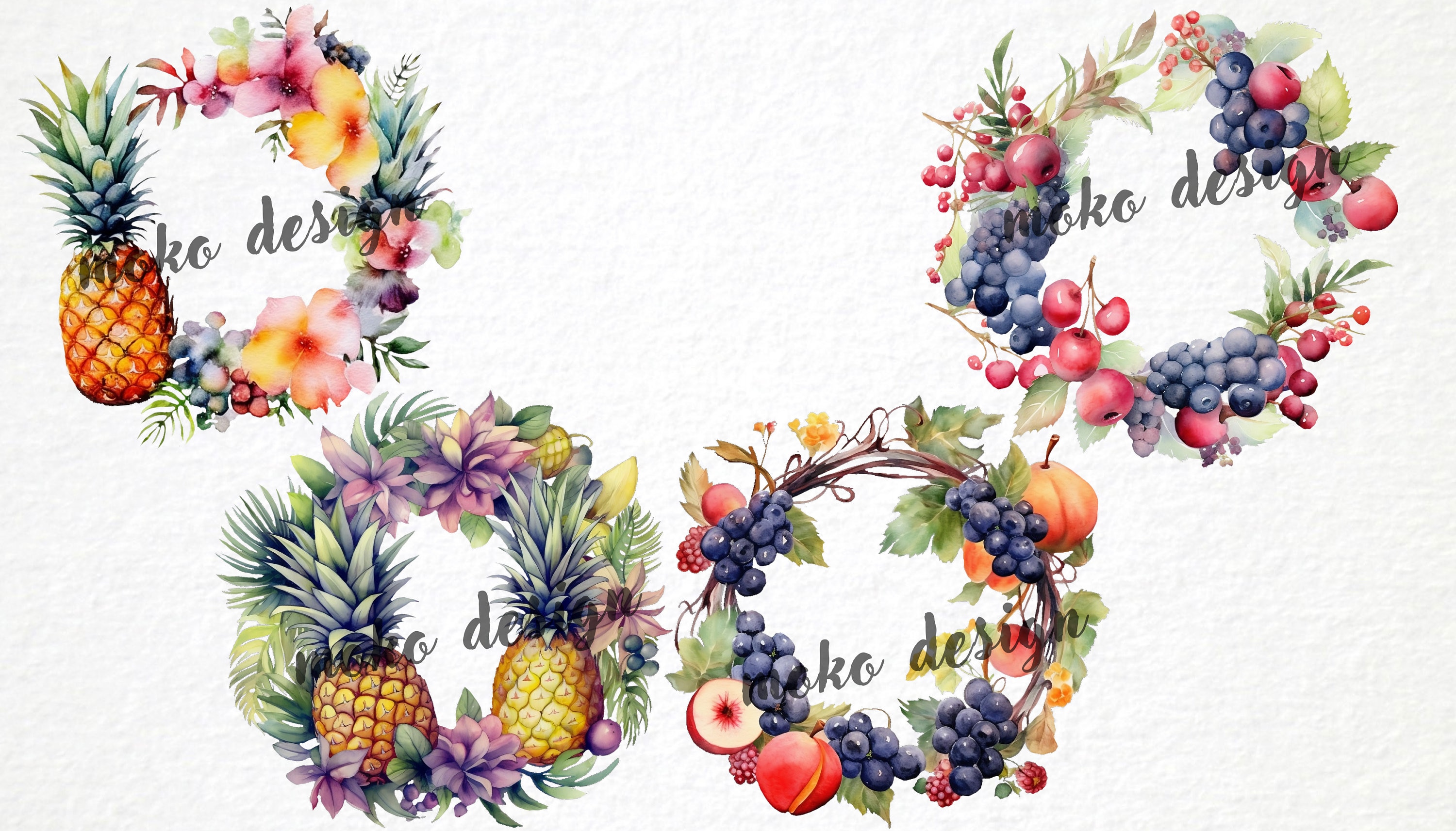 Watercolor Fruit Wreath Clip Art Summer Fruits Wedding Invitation ...
