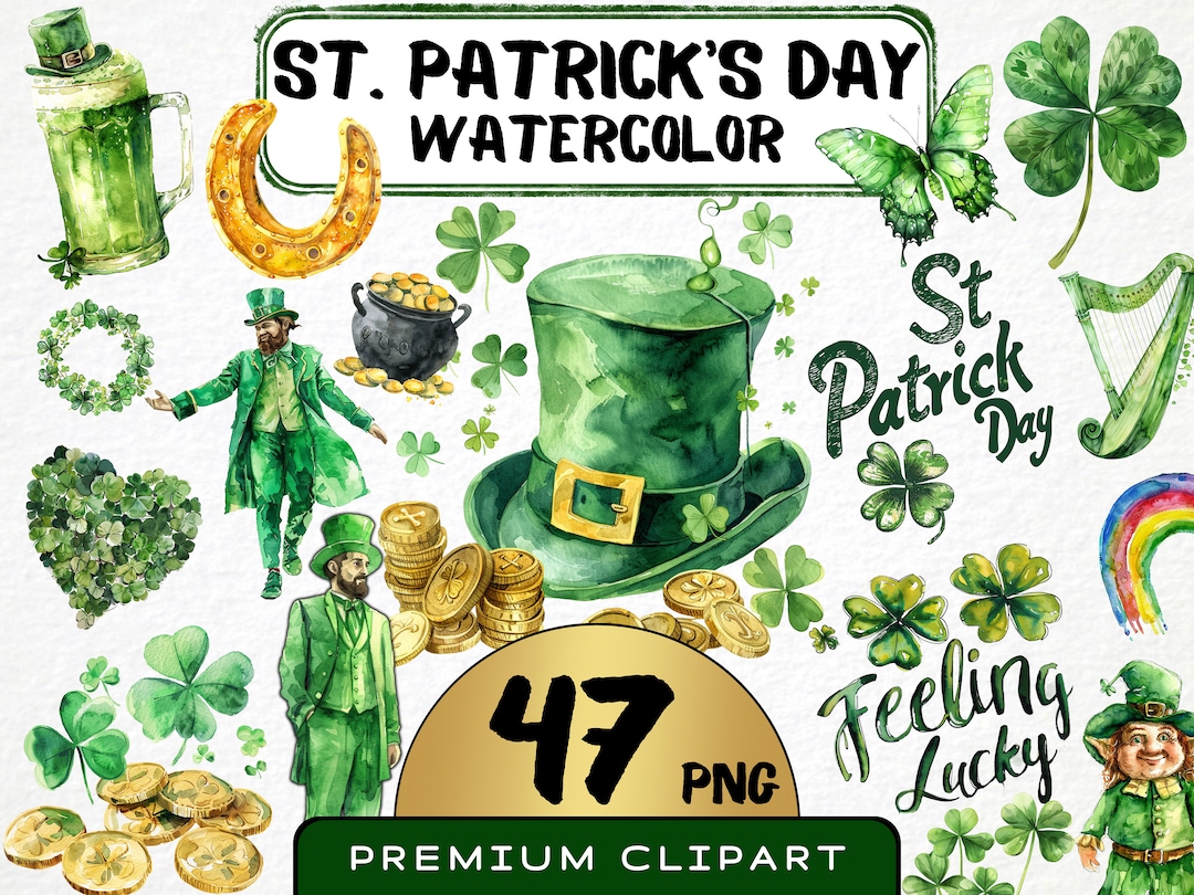 Watercolor St. Patrick's Day Clipart Bundle 47 PNG, Green Clover ...