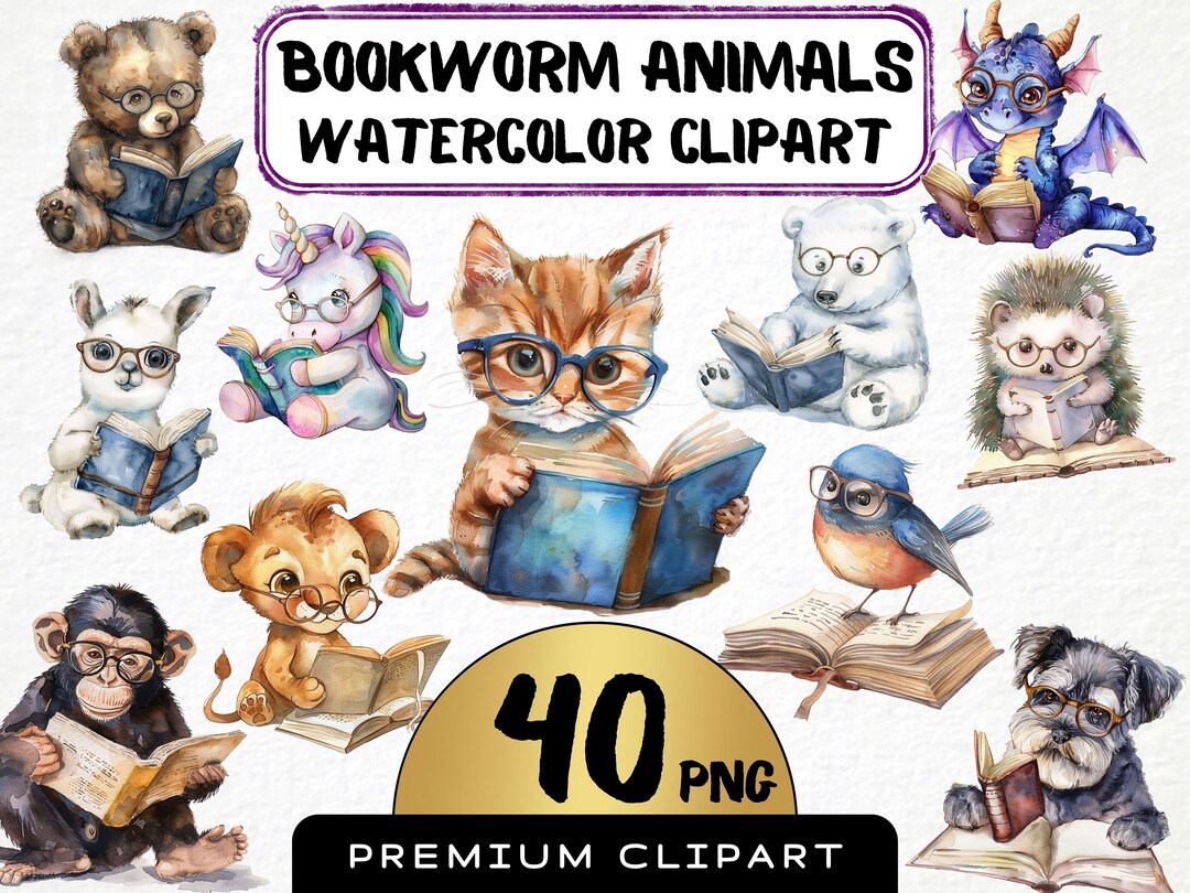 Watercolor Bookworm Animals Clipart 40 Png, Cute Animals Reading Book ...