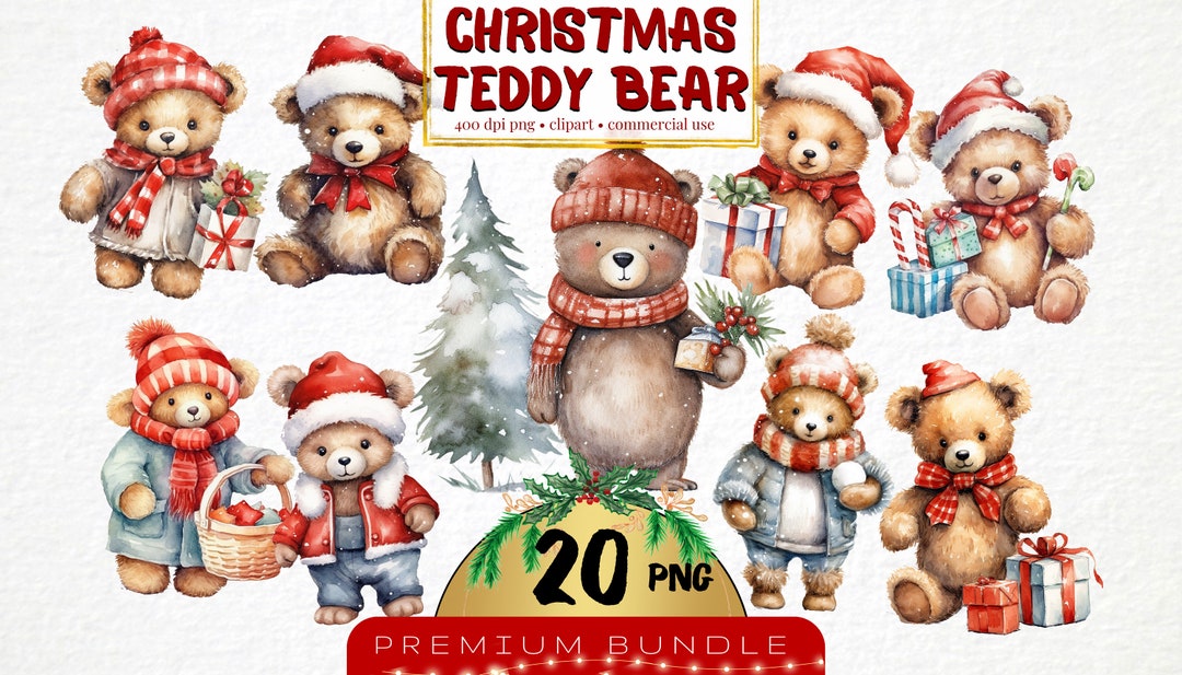 Christmas Teddy Bear Clipart, Set of 20, Cute Christmas Bear, Teddy Png ...