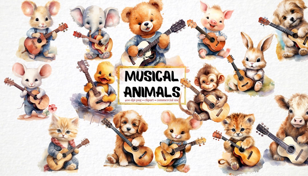 Watercolor Animals With Guitar, Set of 28, Guitar Png, Musical Animals ...