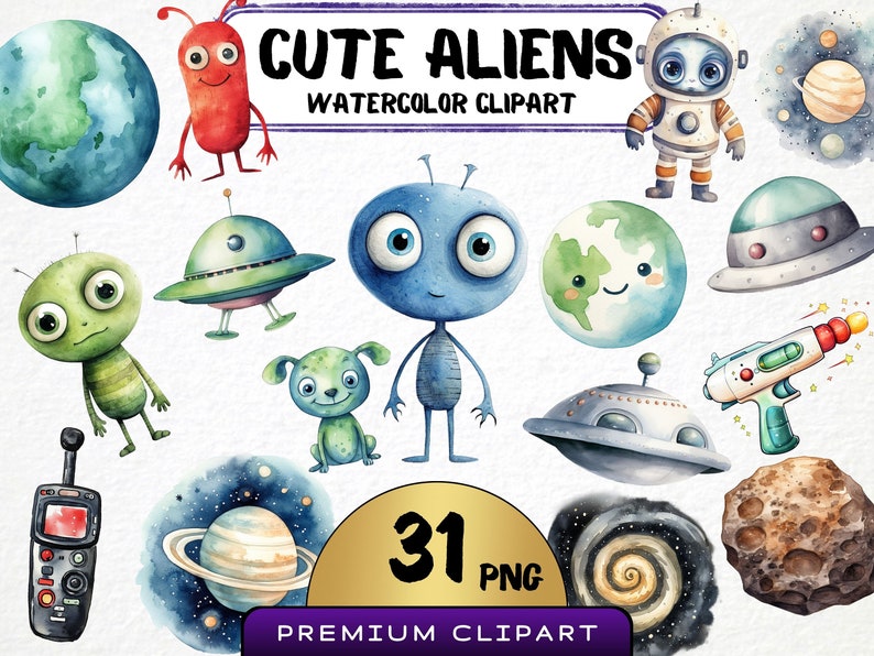 Watercolor Funny Aliens Clipart, 20 Png, Nursery Cute Aliens, Cute ...