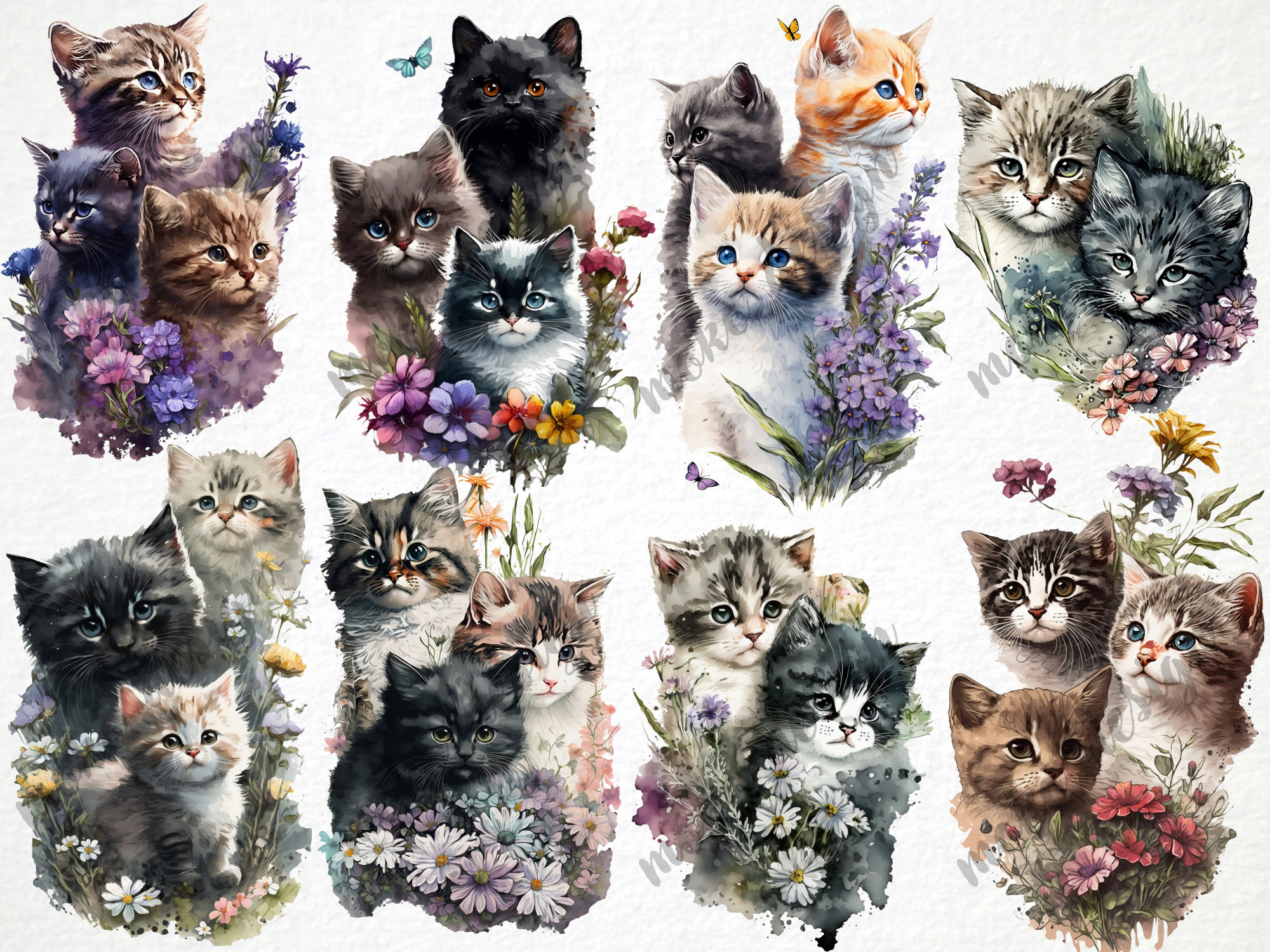 Cute Kittens Clip Art Funny Cats Design Bundle, Watercolor Cute Kitty ...