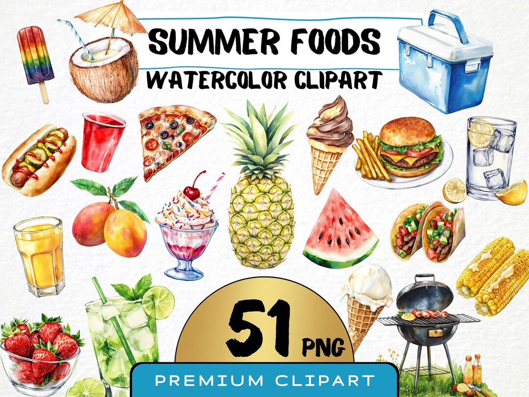 Watercolor Summer Food Clipart 51 Png, Ice Cream Illustration, Coconut ...