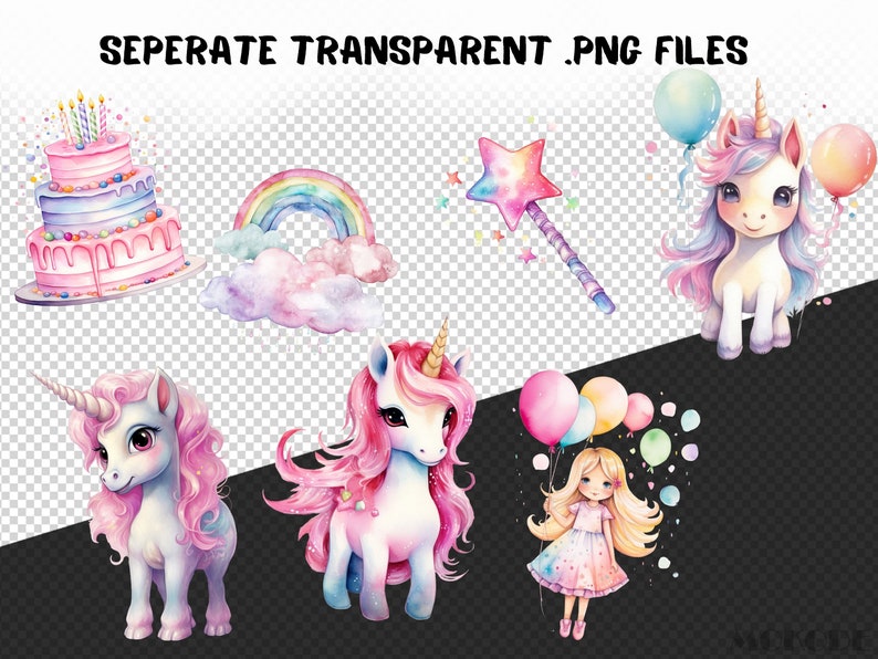 Watercolor Unicorn Party Clipart, Girl Birthday Decor (45 PNG) (digital ...